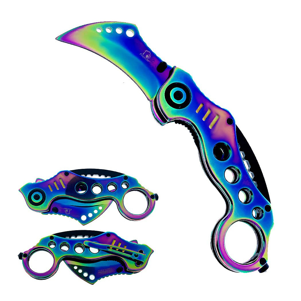 7.5" Rainbow Color Karambit Spring Assisted Tactical Folding Knife Wit ...